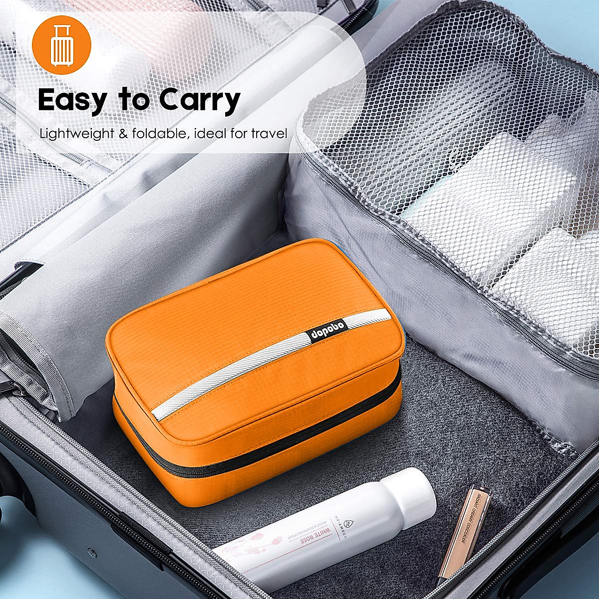 dopobo Travel Toiletry Bag for Women, Dopp Kit for Men, Waterproof Makeup Bag Shaving Bag with Hanging Hook, Portable Toiletry Organizer for Traveling and Camping (Orange)