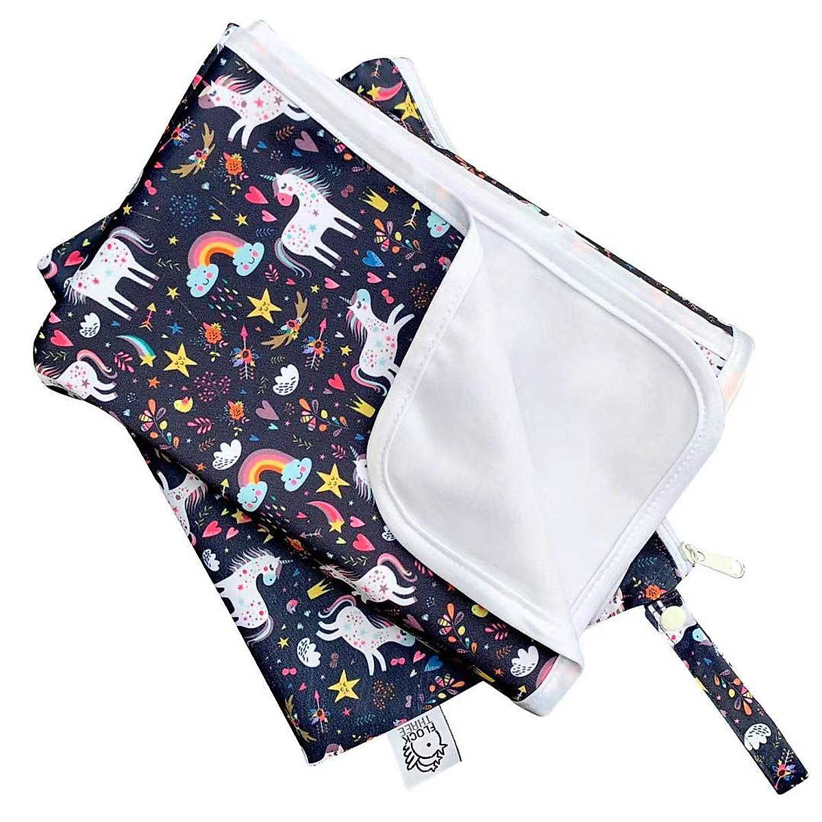 Flockthree Waterproof Baby Diaper Changing Pad with Storage Bag (28.7" X 19.7") Washable Wipeable Reusable Leak Proof Diaper Travel Mat Station Changing Mattress Liner Cribs Bed Cover, Unicorns