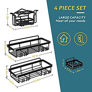 Shower Caddy, Shower Shelf for Inside Shower with 8 hooks, 4 Pack Adhesive Shower Organizer with Soap Holder and Toothbrush Holder,SUS 304 Rustproof Stainless Steel Shower Storage Shower Rack-Black