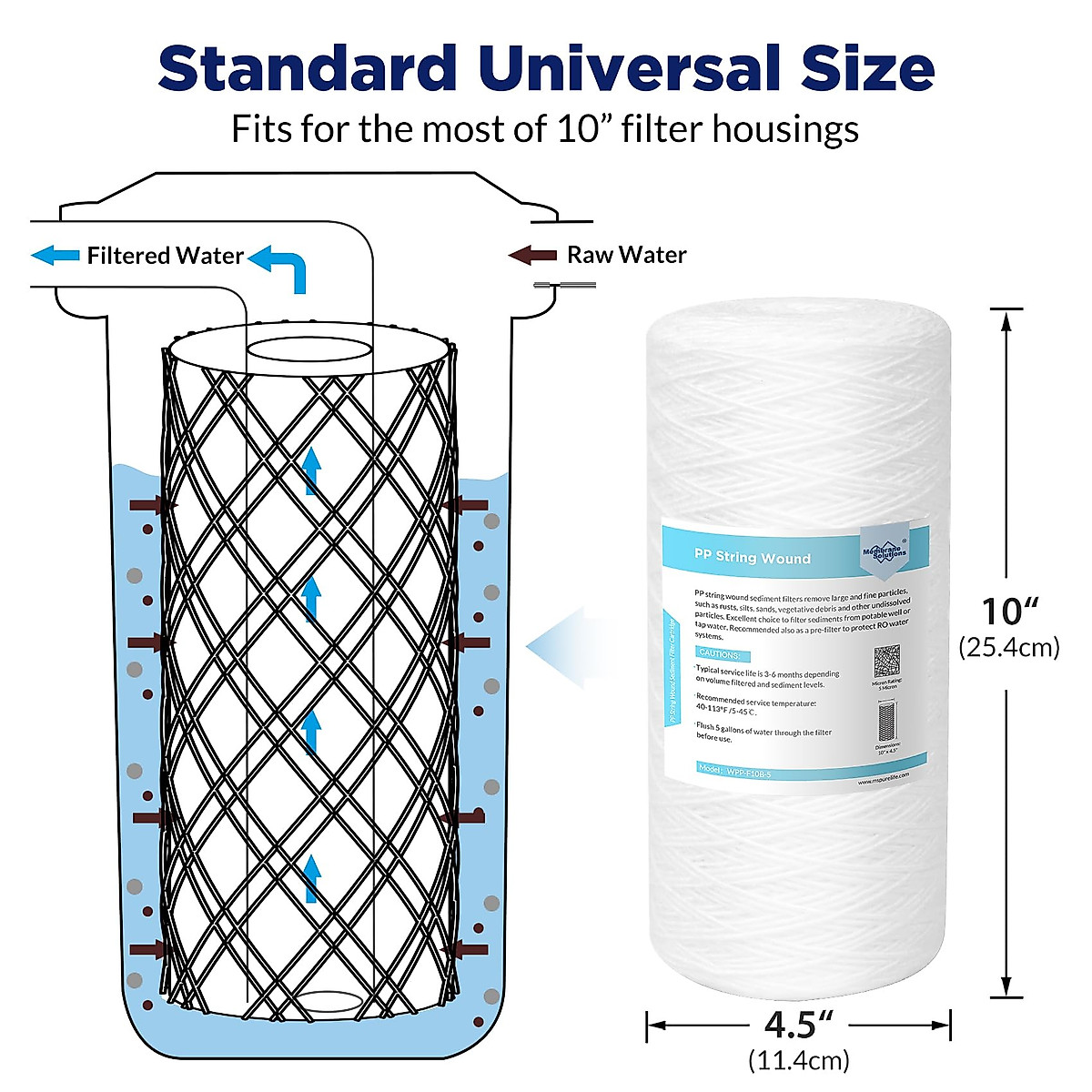 Membrane Solutions 5 Micron 10"x4.5" String Wound Whole House Water Filter Replacement Cartridge Universal Sediment Filters for Well Water - 4 Pack