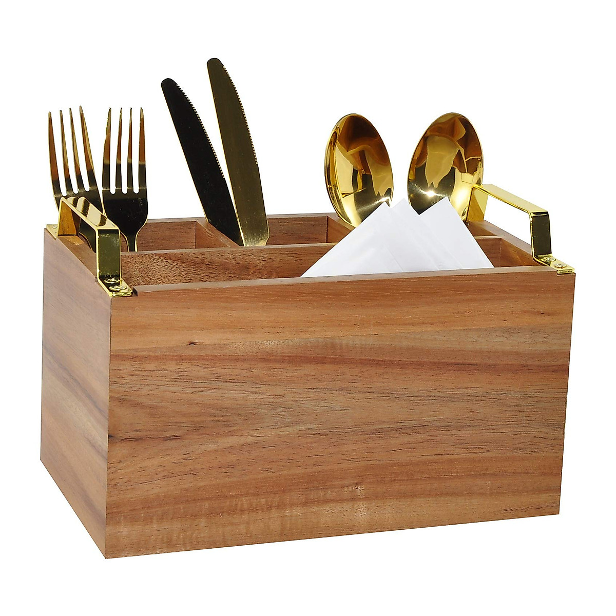 Spiretro Flatware Caddy - Silverware Utensil Holder - Condiment Organizer for Kitchen, Dining, Entertaining, Picnics - 4 Compartments - Solid Acacia Wood with Golden Metal Handle - Brown