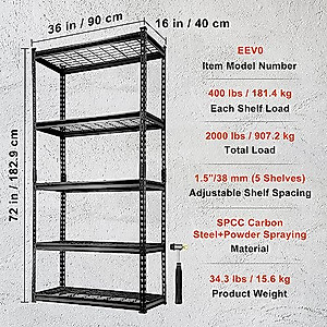 VEVOR Storage Shelving Unit, 5-Tier Adjustable, 2000 lbs Capacity, Heavy Duty Garage Shelves Metal Organizer Wire Rack, Black, 36" L x 16" W x 72" H for Kitchen Pantry Basement Bathroom Laundry Closet