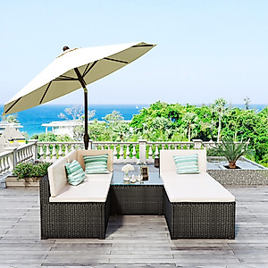 5-Piece Outdoor Furniture Sofa Set, Patio Rattan PE Wicker Furniture Corner Sofa Set, All-Weather Wicker Rattan Conversation Set with Cushions and Glass Table (Beige + Rattan)