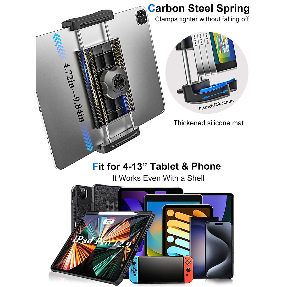 Kolasels Tablet Holder for Car or Truck Seat Rail Mount Long 19.7" Gooseneck Arm Heavy Duty Car Floor Tablet Stand for iPad Pro 12.9 Air Mini, Samsung Galaxy Tab, iPhone, More 4-13" Phones & Tablets