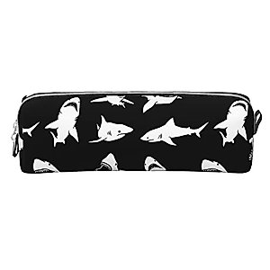 Ykklima Leather Pencil Case - Cute White Shark Fierce Black Pattern, Stationery Bag Pen Organizer Makeup Cosmetic Holder Pouch for School Work Office College
