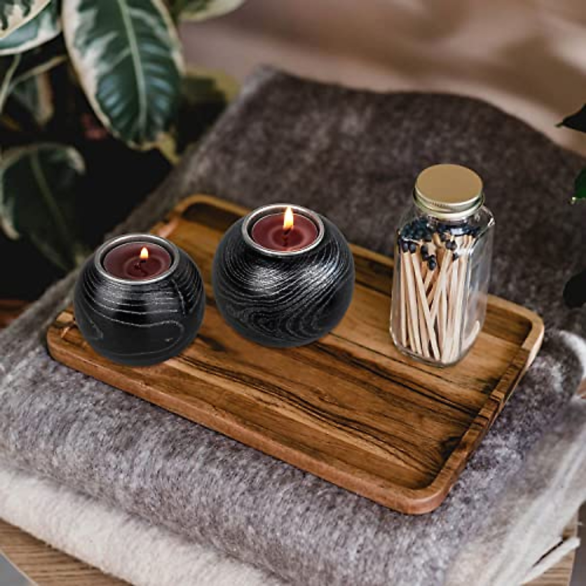 Vixdonos Wood Rustic Tea Light Candle Holder Set of 3 Black Round Votive Candle Holders with Elegant Carved Tree Texture