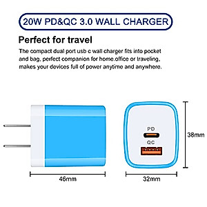 USB C Wall Charger, 2-Ports 20W USB A and USB C Charger Block [PD/QC 3.0], 3Pack USB-C Power Wall Plug Adapter Brick for iPhone 14/13/12/Pro/11/Pro Max/Mini, iPad/Pro, AirPods, Pixel, Samsung Galaxy