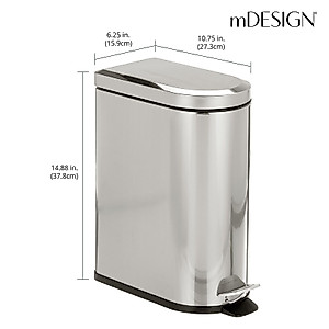 mDesign Small 2.6 Gallon/10 Liter Stainless Steel Metal Step Trash Can Garbage Bin for Bathroom, Bedroom, Office, D-Shape Trashcan w/Foot Pedal/Lid, Removable Liner Bucket w/Handles, Brushed/Chrome