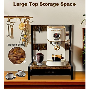 waaliji Coffee Mug Holder for Countertop, Coffee Pod Drawer Tray Station with 6 Hooks and 35 Capsules Capacity, Rustic Wood Cup Hanger Organizer for Kitchen Coffee Bar, Black