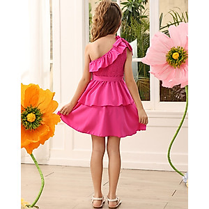 Danna Belle Pink Dress for Girls Summer Party One Shoulder Sleeveless Ruffle Dresses Size 7
