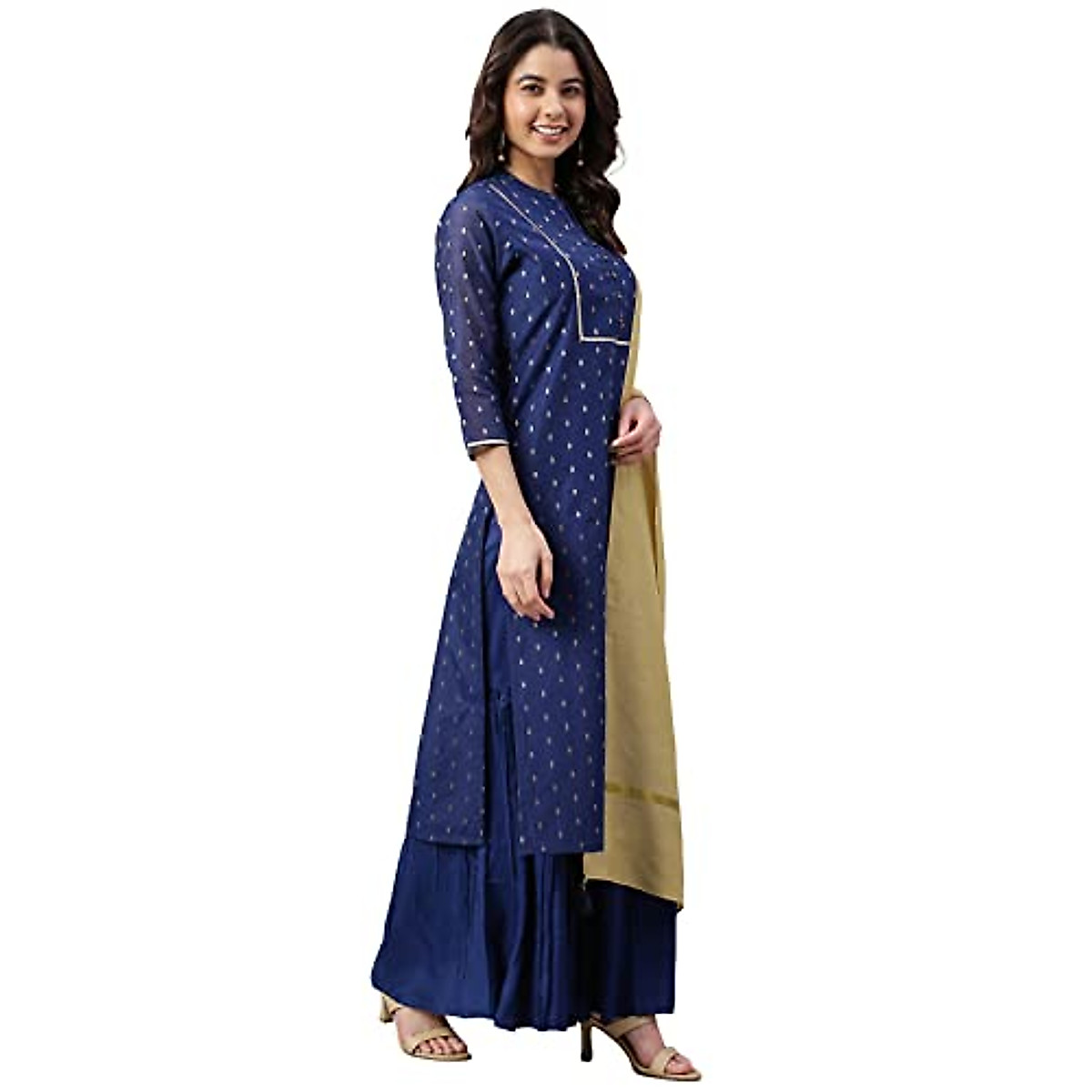 Janasya Women's Dark Blue Chanderi Silk Woven Kurta with Sharara and Dupatta(SET472-KR-SHA-S)