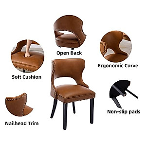 CIMOTA Mid Century Modern Dining Chairs Set of 2, Faux Leather Dining Room Chairs Upholstered Armless Side Chairs with Open Back/Nailhead Trim for Kitchen/Dining Room/Living Room, PU Brown/2PCS