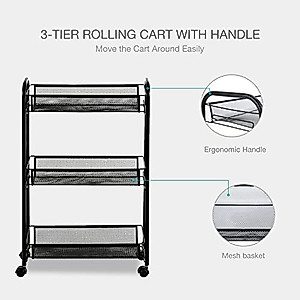 3-Tier Mesh Wire Rolling Cart with Baskets, Christmas Gifts Multifunction Utility Cart Wheels Lockable , Office Bedroom Storage Organizer , Easy Assembly Mesh Trolley Cart , Slide-Out Shelf, Black