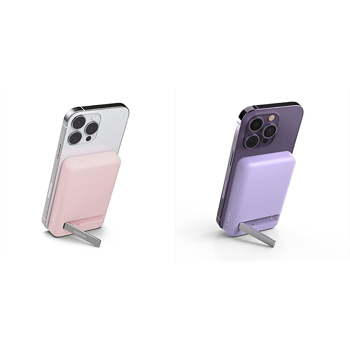 Bundle of Belkin Wireless Power Bank, MagSafe Compatible Charging Battery Pack, Included Pop-up Kickstand - Compatible w/iPhone 14, 14 Plus, 14 Pro, 14 Pro Max, 13, 13 Pro, 12, 12 Pro - Pink + Purple