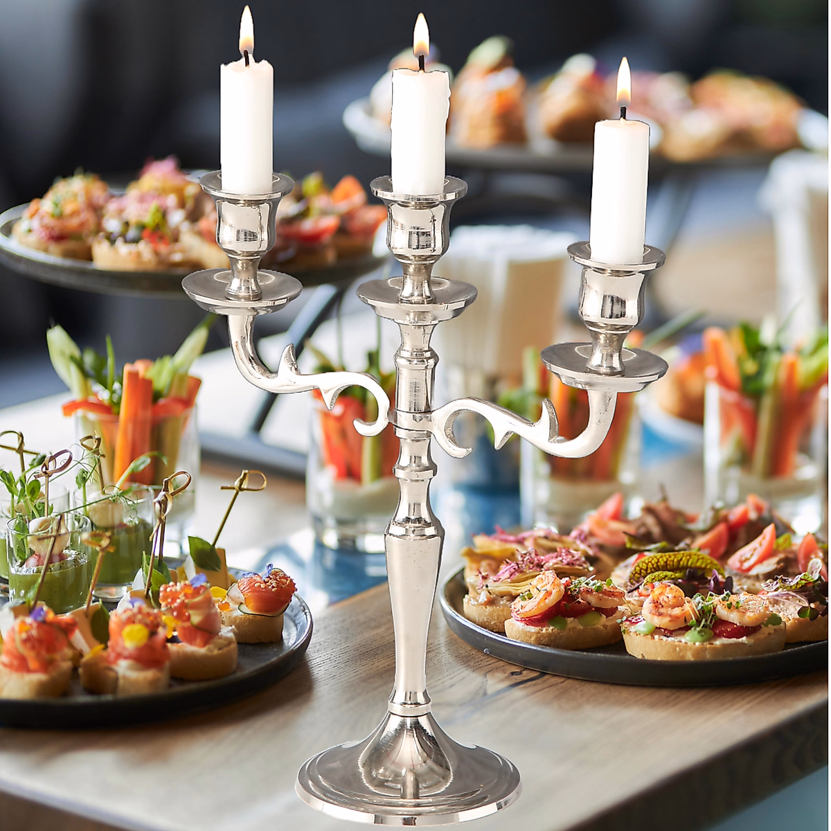 Hamptons Three Arm Silver Candelabra, Hand Crafted of Silver Aluminum Nickel, 10.25 Inches High, Weighted