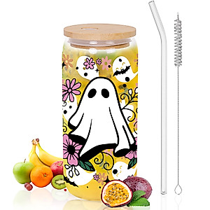 ONEVIVE Halloween Glass Cups with Lids Straws, Spooky Ghost Pumpkin Drinking Glasses, Cute 16oz Can Shaped Flower Tumbler Iced Coffee Cup Gifts for Women (Purple)
