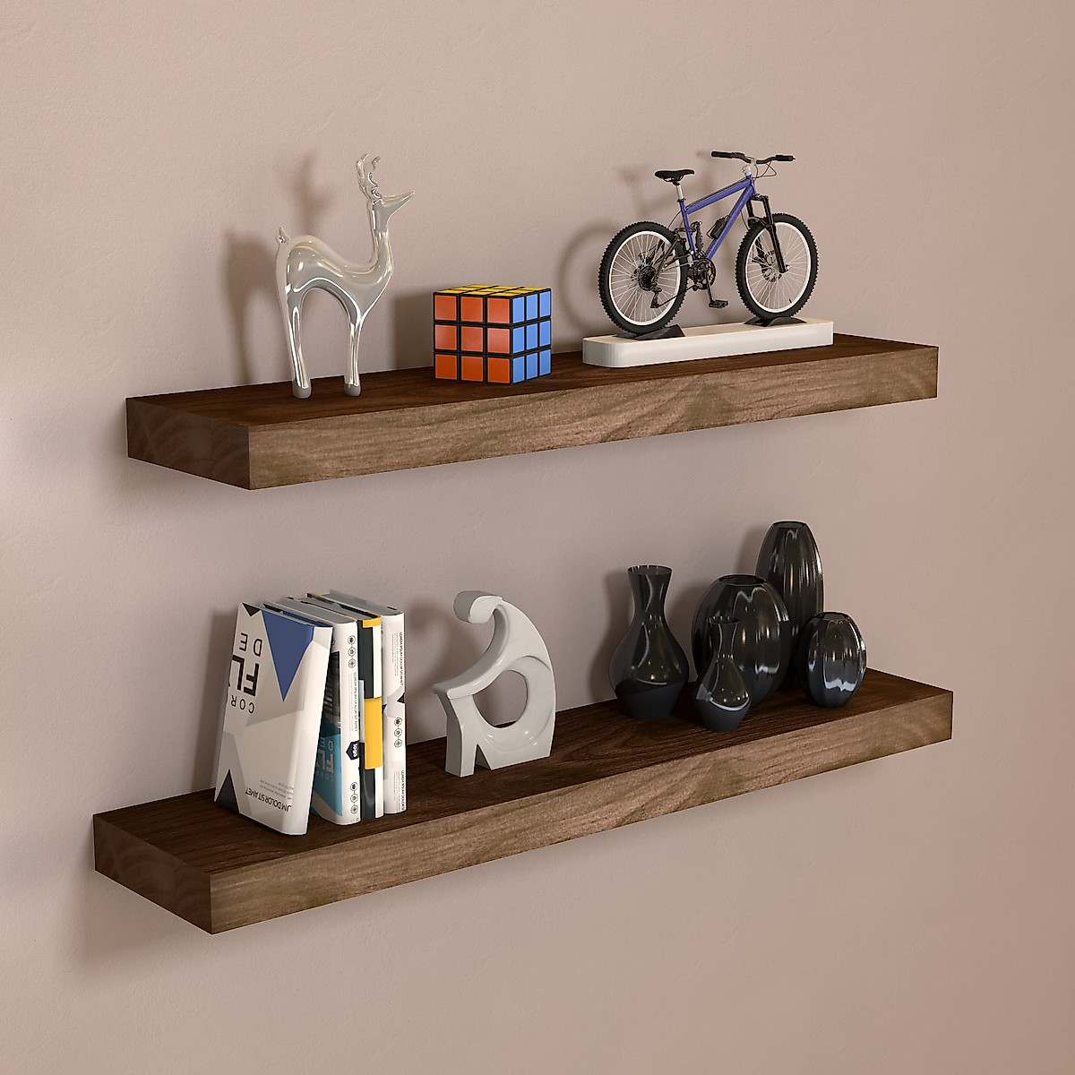 FALANZATH Floating Shelves Wood Set of 2, 30 inch Wood Floating Shelves, Rustic Wall Mounted Storage Shelves for Bedroom, Living Room, Bathroom, Kitchen, Office, Farmhouse (Walnut)