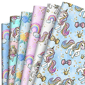 AnyDesign 12 Sheet Unicorn Wrapping Paper 6 Designs Pink Blue Unicorn Rainbow Flowers Gift Wrap Paper Bulk Folded Flat Art Paper for Birthday Baby Shower DIY Gift Packing, 19.7 x 27.6 Inch