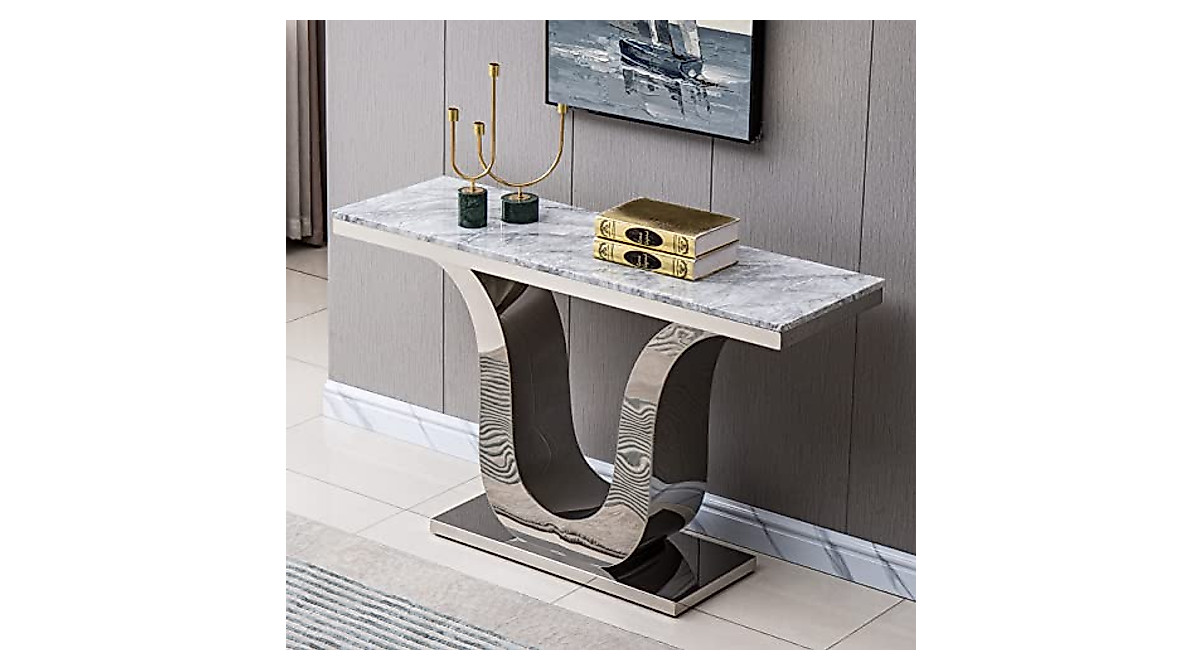 Luxury Silver Console Table with Marble & Mirrored Steel | Modern Design