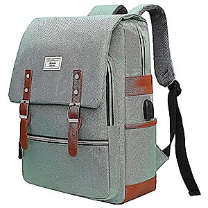 Ronyes Vintage Laptop Backpack College School Bag Bookbags for Women Men 15.6’’ Laptop Casual Rucksack Water Resistant School Backpack Daypacks with USB Charging Port (Grey+Green)