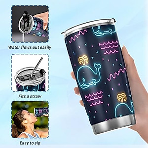 HXshaoye Summer neon Whale wave black Stainless Steel coffee cups with lids with Straw Lid travel mug with lid for Water, Iced Tea or Coffee Aesthetic 20oz coffee mug vaso para agua 20oz