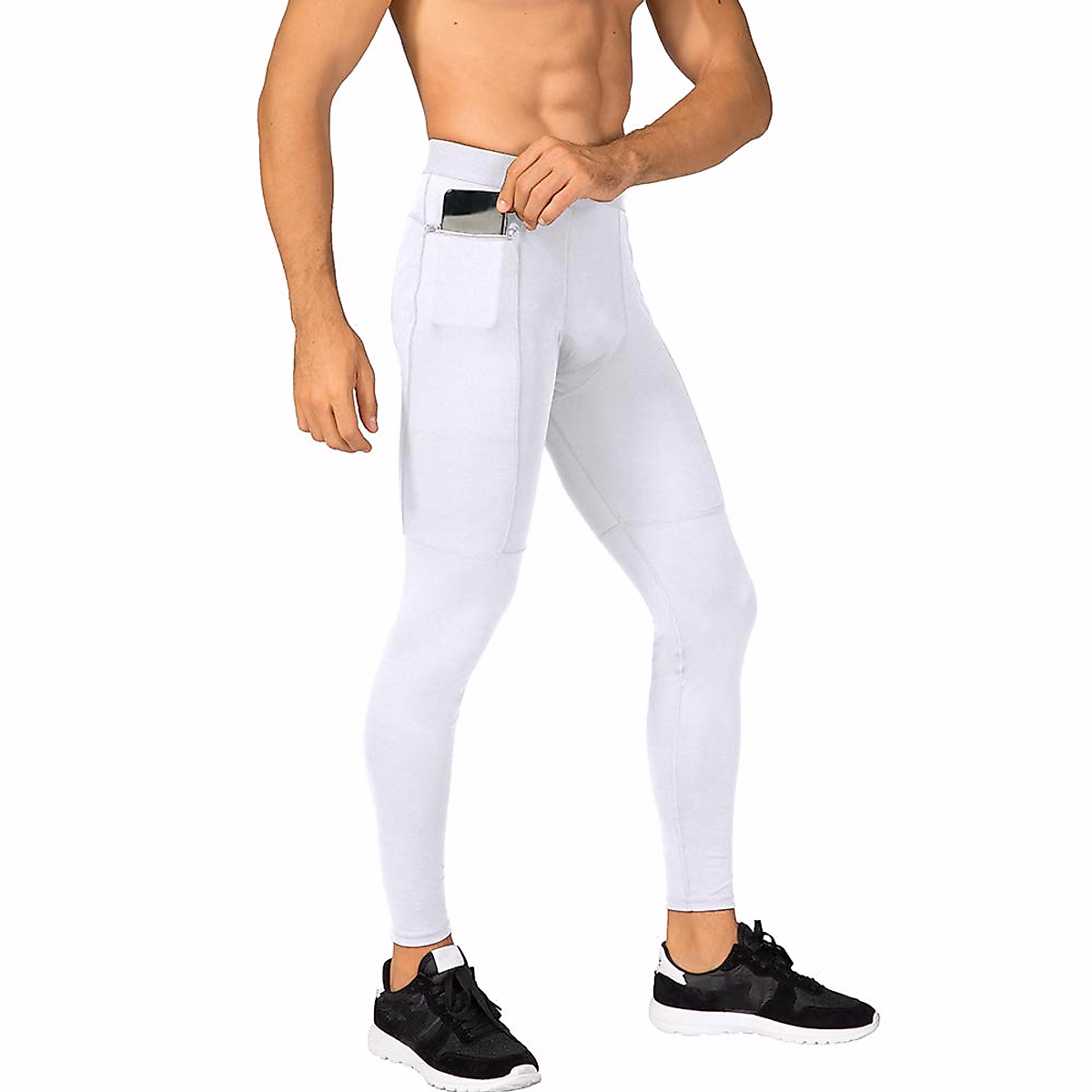 WRAGCFM Compression Pants Men,Tights for Men Running Workout Basketball Athletic Sports Leggings Compression Tights with Pockets White,M