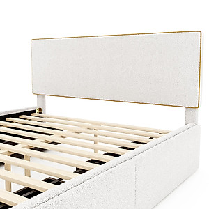 Queen Size Bed Frame with 4 Storage Drawers, Modern Upholstered Platform Bed with White Edge On The Headboard & Footboard, Wood Slat Support, No Box Spring Needed (White-Queen)