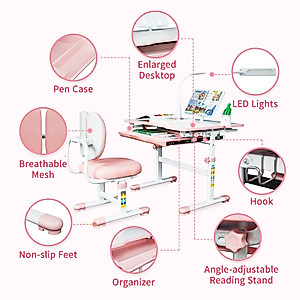 Kids Desk and Chair Set, Height-Adjustable Chair and Desk for Kids, Kid Desk with 3 Modes and 3 Brightness Led Lamps, Childrens Desk with 60° Tilting Tabletop and Extra-Large Storage Drawer (Pink)