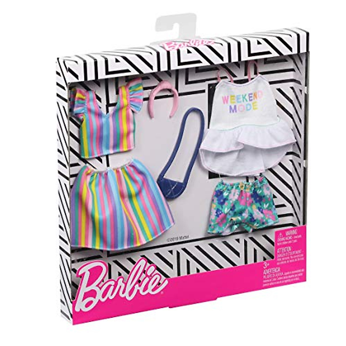 Barbie Clothes -2 Outfits for Barbie Doll Include a Top with ‘Weekend Mode’ Graphic, Floral Shorts and a Striped Top and Skirt with Purse and Headband, Gift for 3 to 8 Year Olds