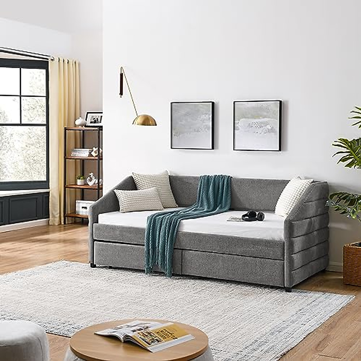 Flieks Twin Size Upholstered Daybed with Two Drawers, Linen Fabric Upholstered Sofa Bed, Wheeled Storage Daybed with Wood Frame, No Box Spring Needed, Gray