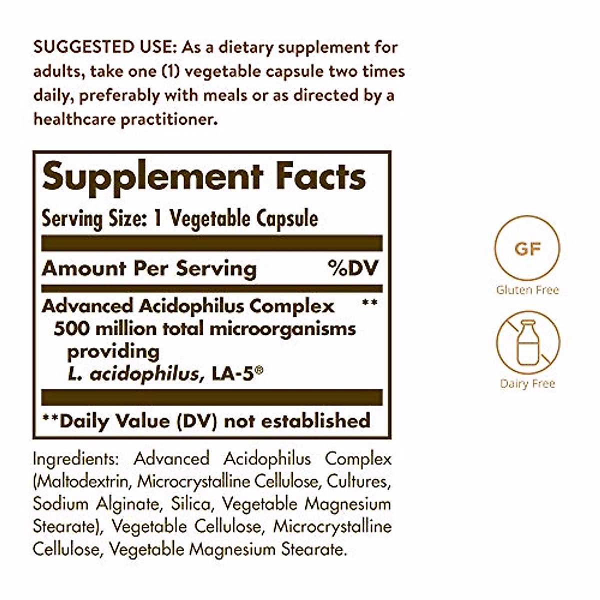 Solgar Advanced Acidophilus, 100 Vegetable Capsules - Supports Healthy Intestinal Flora - 500 Million Microorganisms Per Serving - Gluten & Dairy Free - Vegetarian - 100 Servings
