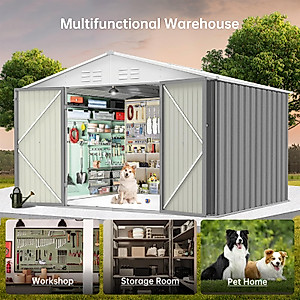 Zstar Metal Outdoor Storage Shed 7.5 x 8.5 FT, Waterproof Metal Garden Sheds with Updated Frame Structure & Lockable Double Door, Utility and Tool Garden Shed for Backyard, Garden, Patio, Grey
