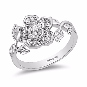 Jewelili Enchanted Disney Fine Jewelry Sterling Silver 1/4 Cttw White Natural Diamonds Belle Rose Ring Size 9