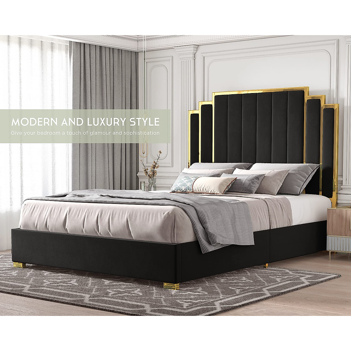 HOWE King Size Bed Frame and 65" Headboard, Upholstered Bed with Golden Plating Trim, Modern Platform Bed No Box Spring Needed, Black