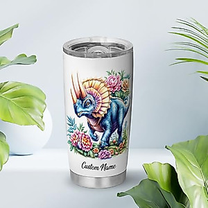 Triceratops Gifts, Personalized Tumbler with Triceratops Dinosaur Animal’s Name – Custom Cup for DinoSaur Lovers, Gift for Women, Men, Gift for Birthdays & Christmas, 20oz Steel Coffee Cup PfrxGT