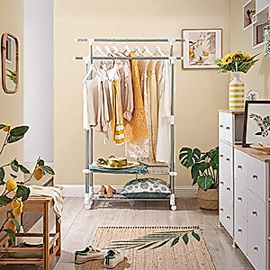 SONGMICS Clothes Rails, Double Hanging Rails with 2-Tier Shelves, Telescopic Extendable Coat Rack with Casters, Stainless Steel Coated Iron Pipes, 154 x 42 x 172 cm by SONGMICS