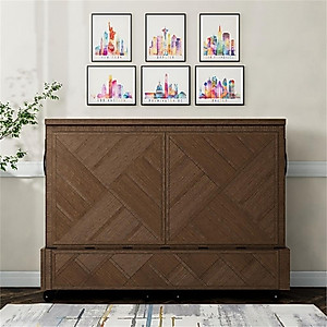 RoomAndLoft Queen Size Mobile Murphy Cabinet Bed in Solid Wood, in Brown, No Box Spring Needed, Pre-Assembled