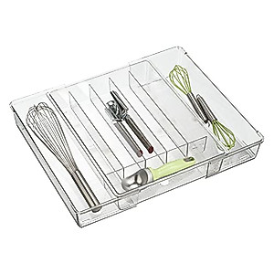 mDesign Dual Expandable Plastic In-Drawer Utensil Organizer Tray Deep 6 Divided Sections for Kitchen; Holds Cutlery, Flatware, Silverware, Cooking Utensils, Ligne Collection, 2 Pack, Clear