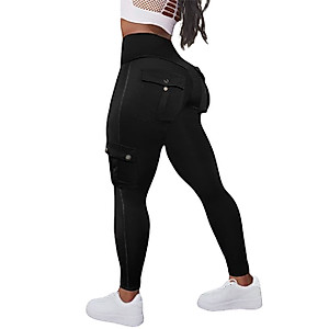 Flamingals Butt Lifting Leggings with Flap Pockets Workout Cargo Leggings for Women Black S