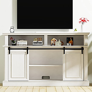 LGHM Fireplace Entertainment Center, White TV Stand for 65 inch with 23'' Electric Fireplace, Highboy Farmhouse Cabinet Sliding Barn Door, Tall Console Living Room, Modern White/Fireplace (502753)