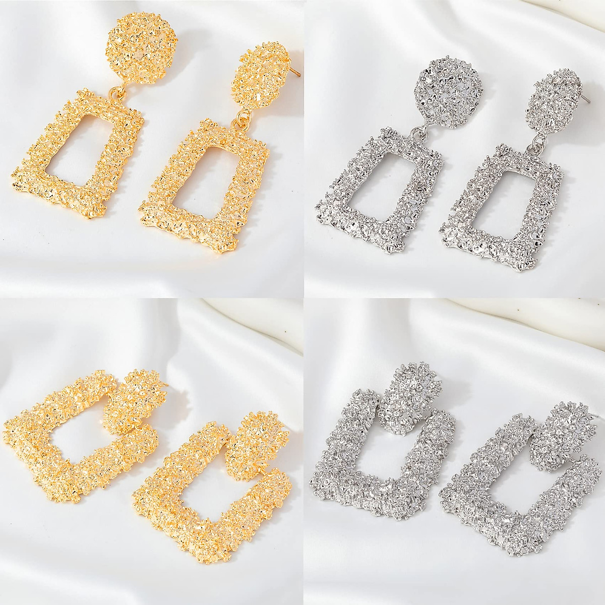 ATIMIGO Statement Drop Earrings Large Metal Geometric Dangle Earrings Silver/Gold for Women-4 Pairs