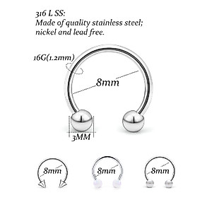 Vsnnsns 16G Surgical Steel Horseshoe Nose Septum Rings Piercing Jewelry Cartilage Helix Tragus Earring Studs Hoop Lip Horseshoe Ring Piercing Jewelry Retainer for Women Men 8mm 48pcs
