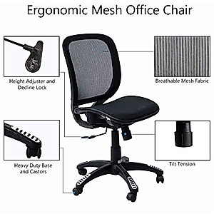 Ergomax Fully Meshed Ergonomic Height Adjustable Office Chair no Armrests & no Headrest, 42 Inch Max, Black
