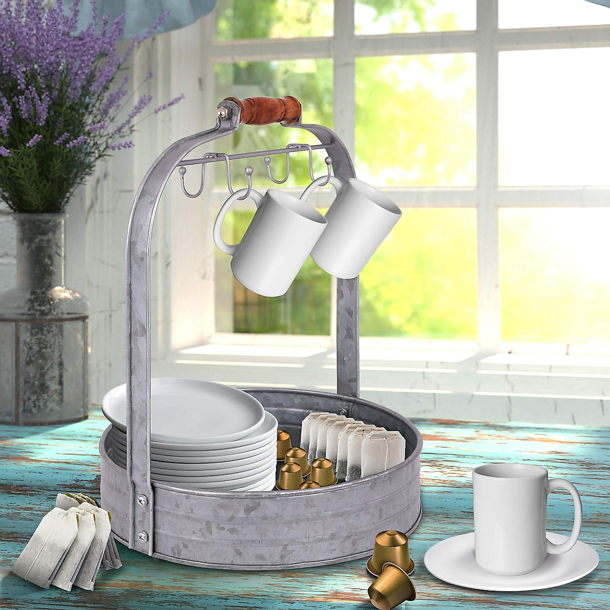 Autumn Alley Rustic Farmhouse Galvanized Coffee Mug Rack Organizer for Kitchen Counter | Mug Tree with Cup Hooks and Basket for Storage of k Cups and Accessories | Perfect for Coffee Bar