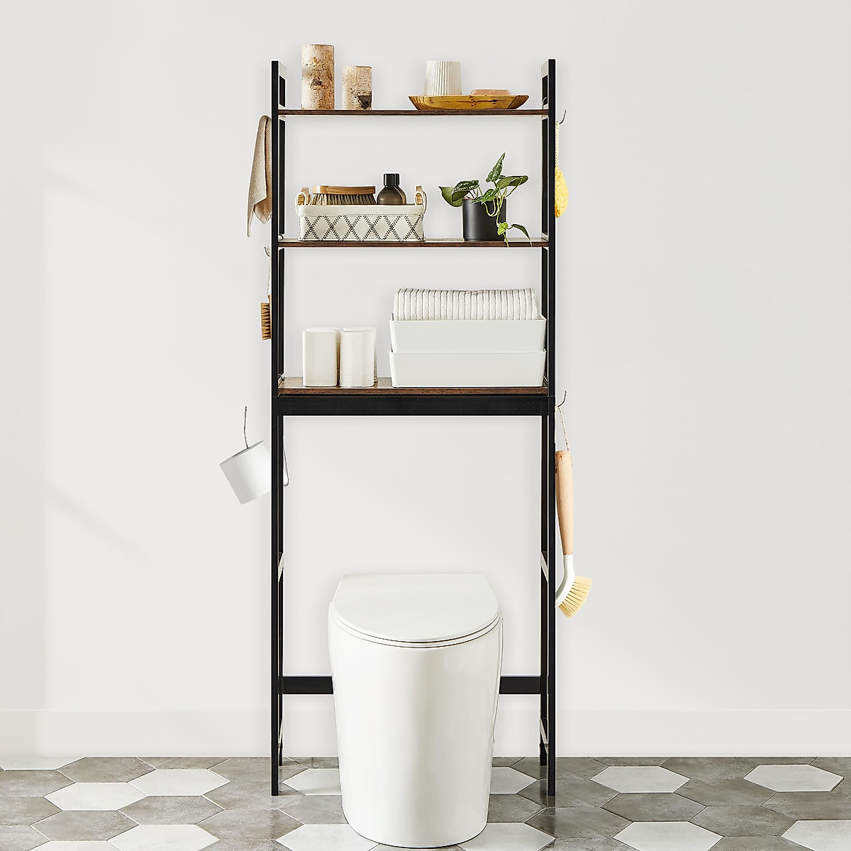 SONGMICS Over-The-Toilet Storage, 3-Tier Bathroom Organizer Over Toilet with Adjustable Shelves, Hooks, Bamboo, Freestanding Space Saver Bathroom Shelves, Rustic Brown and Ink Black UBTS012B01