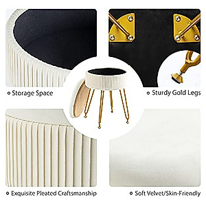Velvet Storage Ottoman Foot Rest, Upholstered Pleated Round Footrest Vanity Stool with Metal Legs, Coffee Table Top Cover, Modern Accent Stools,Makeup Footstool, Suitable for Living Room and Bedroom