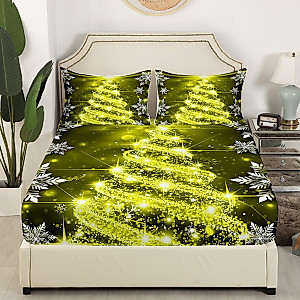 Christmas Tree Bed Sheets Full Size Christmas Themed Fitted Sheet 3 Piece Happy New Year Xmas Bed Set White Snowflake Winter Themed Bedding Set Santa Claus Gifts Bedding