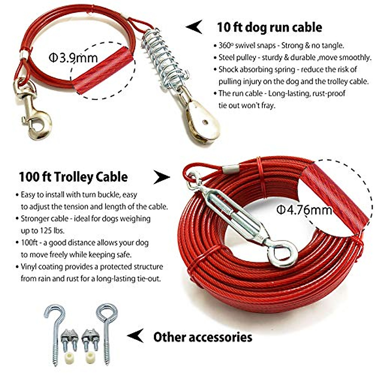 Heavy Duty Aerial Dog Tie Out Trolley System for Small to Large Dogs - Dog Run Cable 100ft /75ft /50ft Dog Zipline with 10ft Dog Runner Cable for Yard Camping