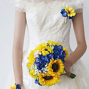 SMLJFO 2Pcs Artificial Flower Wrist Corsage Groom Boutonniere Sunflower Bride & Bridesmaid Corsage Wristlet Wedding Hand Flower Decor for Prom Suit Party Homecoming Graduation