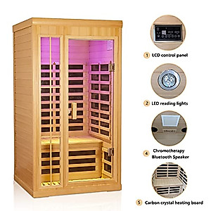 Kanlanth 1 to 2 Person Infrared Sauna, Hemlock Wood Low EMF FAR Infrared Sauna for Home, 1,350watt, Indoor Saunas with Bluetooth, LCD, LED